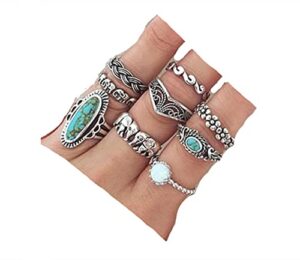 cathercing 9 pcs turquoise ring set for women knuckle vintage rings pack for women bohemian rings silver joint knot rings set halloween party daily gift (style 3)