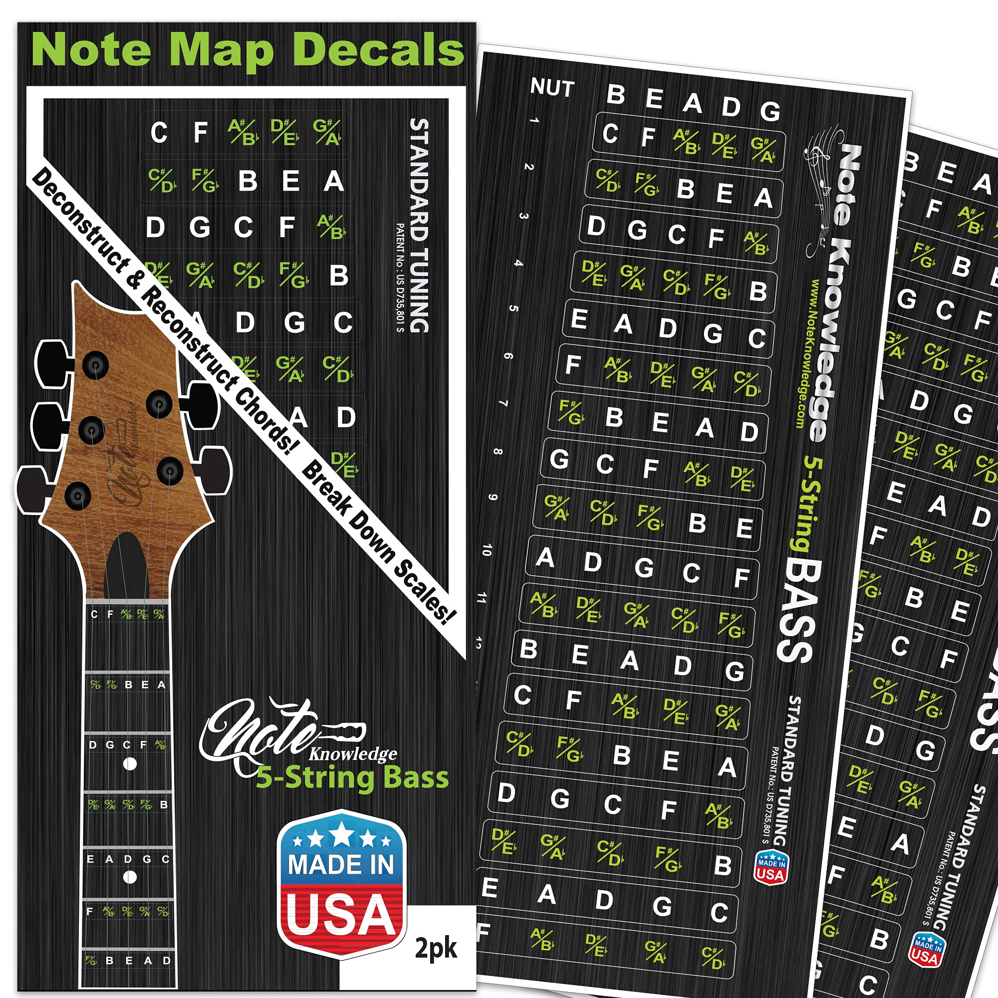 5 String Bass Guitar Fretboard Note Map Decals/Stickers