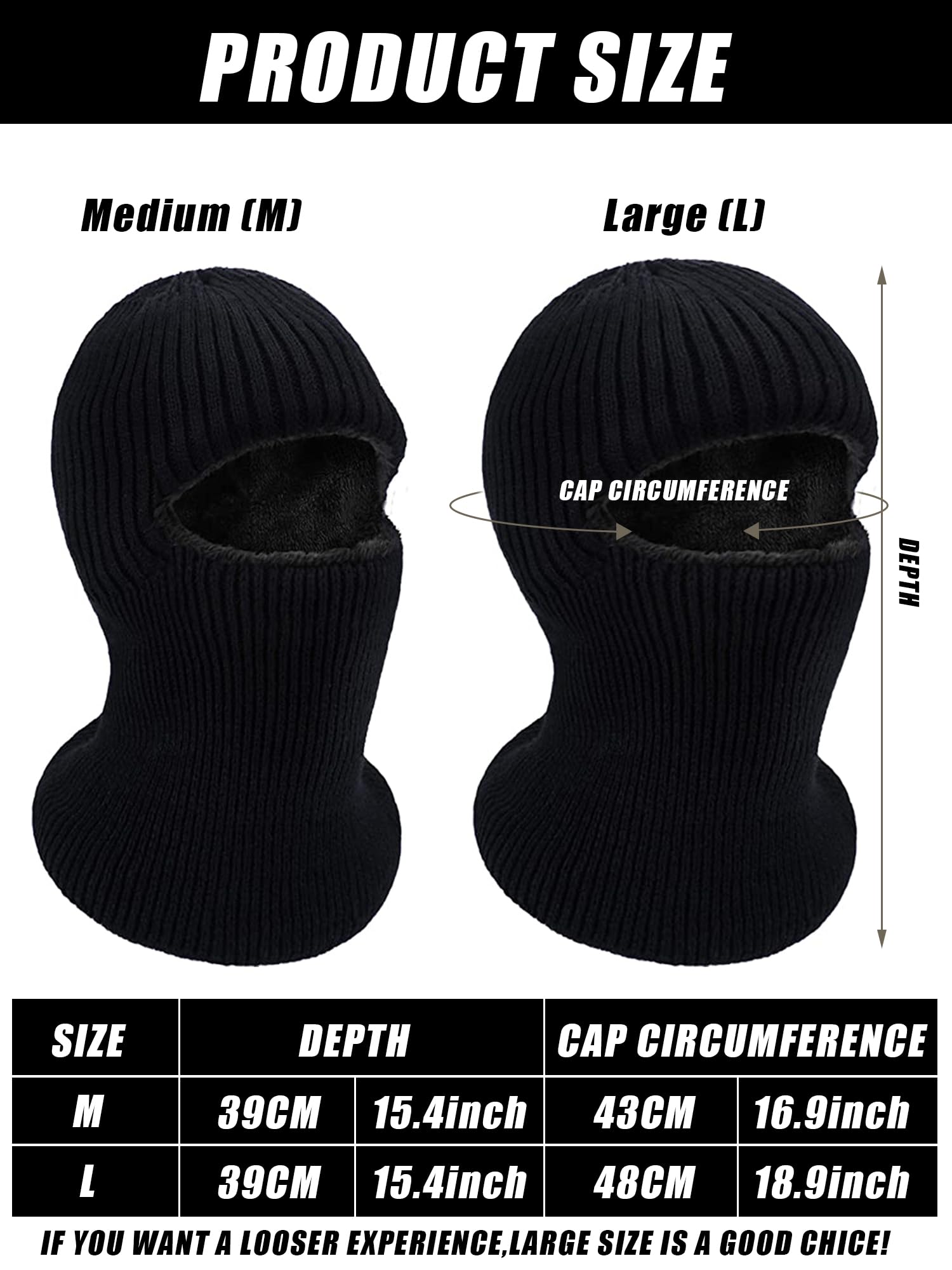 Winter Ski Mask for Men Knitted Full Face Mask Balaclava Hats 1 Hole Winter Ski Mask Fleece for Men Women Favors (Black, Medium)