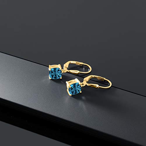 Gem Stone King 18K Yellow Gold Plated Silver London Blue Topaz Dangle Earrings For Women (2.35 Cttw, Gemstone November Birthstone, Cushion 6MM)