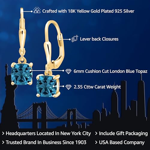 Gem Stone King 18K Yellow Gold Plated Silver London Blue Topaz Dangle Earrings For Women (2.35 Cttw, Gemstone November Birthstone, Cushion 6MM)