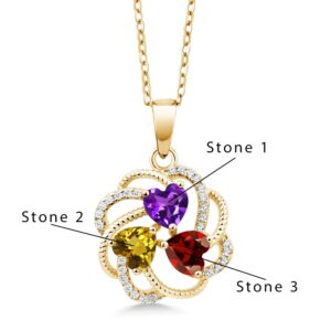 Gem Stone King 18K Yellow Gold Plated Silver Yellow Gold Plated Build Your Own Personalized 3 Heart Shape Birthstone Flower Women's Mothers Family Blossom Couple Pendant