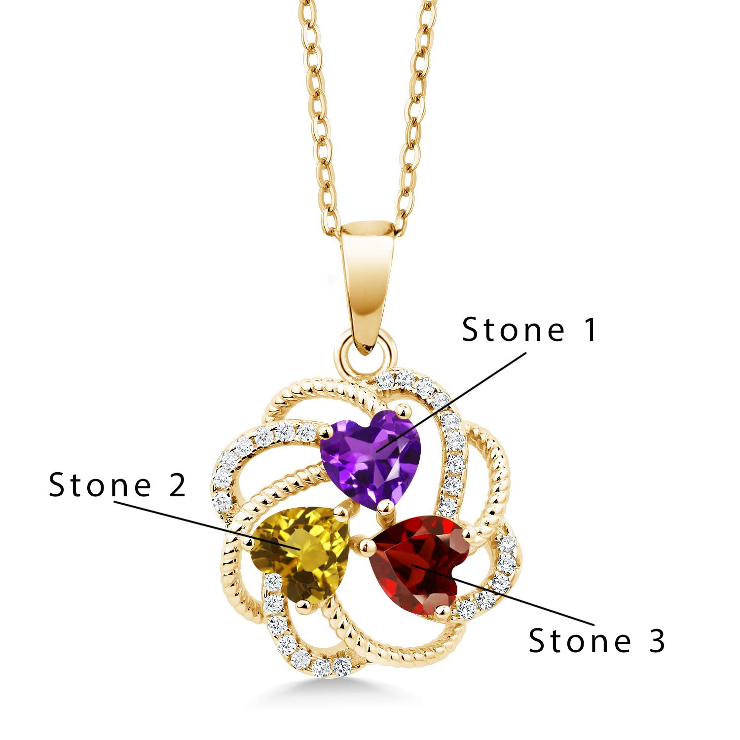 Gem Stone King 18K Yellow Gold Plated Silver Yellow Gold Plated Build Your Own Personalized 3 Heart Shape Birthstone Flower Women's Mothers Family Blossom Couple Pendant