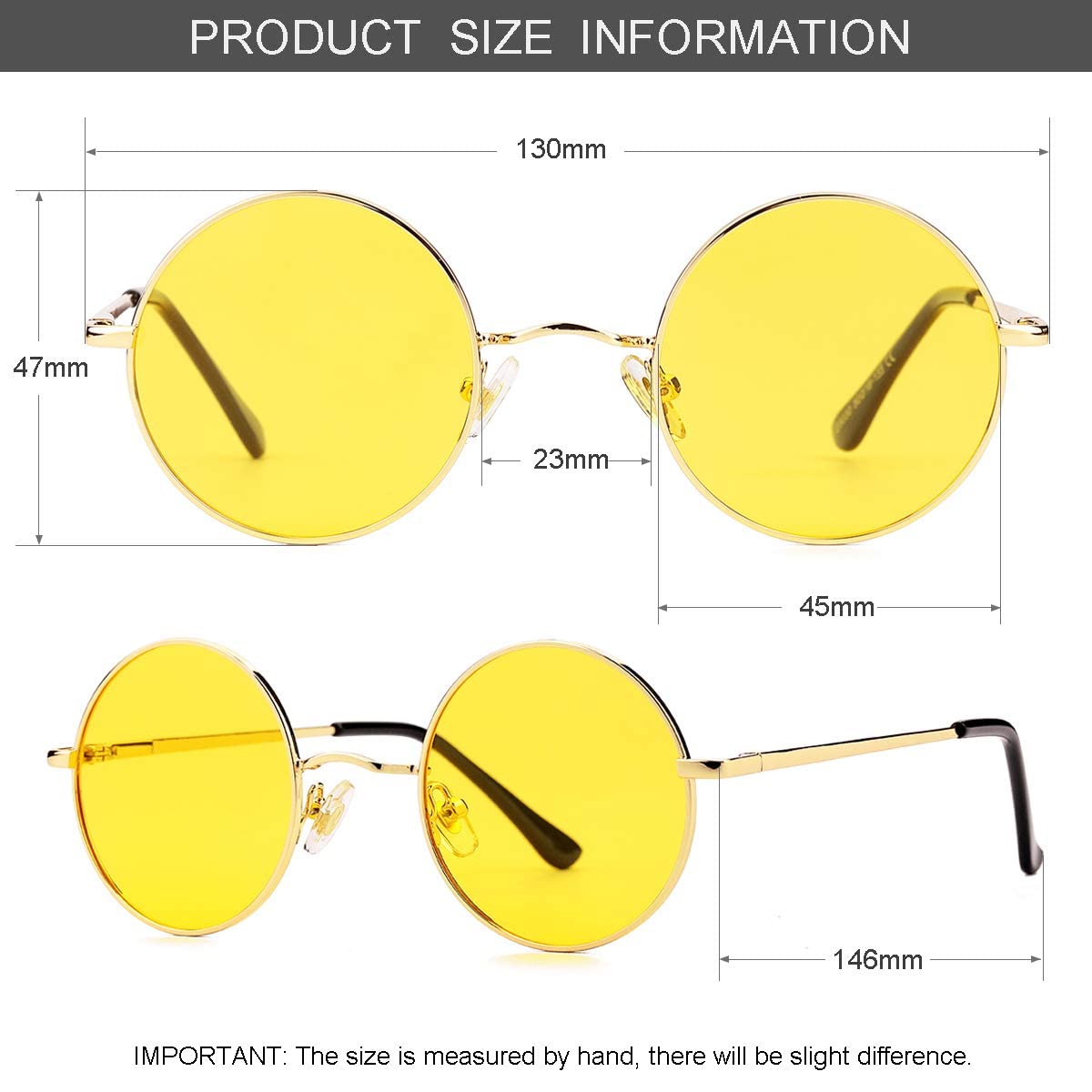 Gleyemor Polarized Round Sunglasses for Men Women Hippie Small Circle Glasses Red Yellow Lenses (Gold/Clear Yellow)