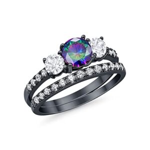 blue apple co. 3-stone wedding bridal set ring band round black tone simulated rainbow cz 925 sterling silver, size-6