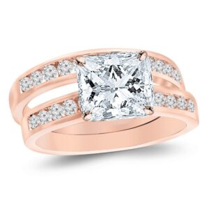 2.75 ctw 14k rose gold classic channel set wedding set bridal band & gia certified princess cut diamond engagement ring (2 ct center h-i color vs1-vs2 clarity)