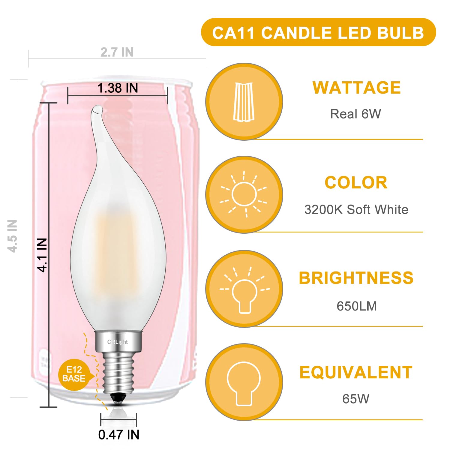 CRLight 6W LED Candelabra Bulb 3200K Soft White, 65W Equivalent 650LM Dimmable, E12 Base LED Light Bulbs, Vintage Edison Style CA11 Candle Flame Tip Frosted Glass Chandelier Bulbs, 8 Pack