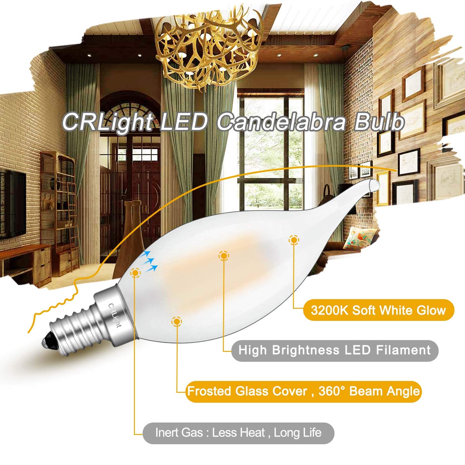 CRLight 6W LED Candelabra Bulb 3200K Soft White, 65W Equivalent 650LM Dimmable, E12 Base LED Light Bulbs, Vintage Edison Style CA11 Candle Flame Tip Frosted Glass Chandelier Bulbs, 8 Pack