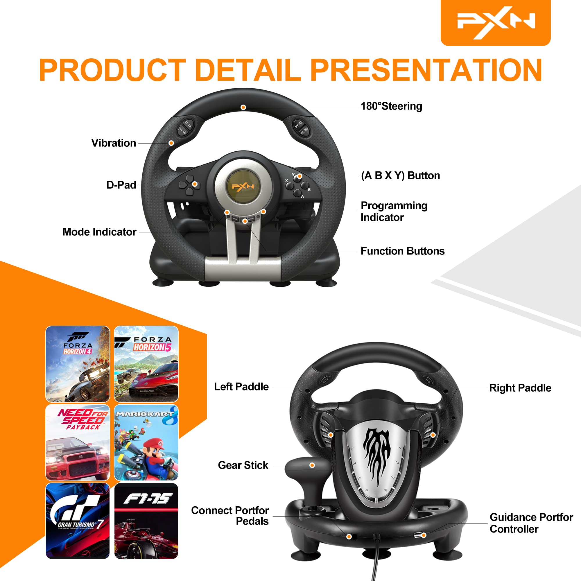 PXN Racing Wheel - Gaming Steering Wheel for PC, V3II 180 Degree Driving Wheel Volante PC Universal Usb Car Racing with Pedal for PS4, PC, PS3,Xbox Series X|S, Xbox One