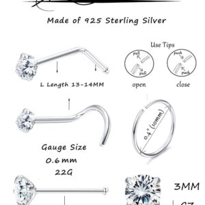 Sllaiss 22G 925 Sterling Silver Nose Rings Studs L Shaped CZ Nose Rings Hoop for Women Men Corkscrew Nose Rings Helix Piercing Jewelry Set Cartilage Earrings Hoop Tragus 8Pcs (3)