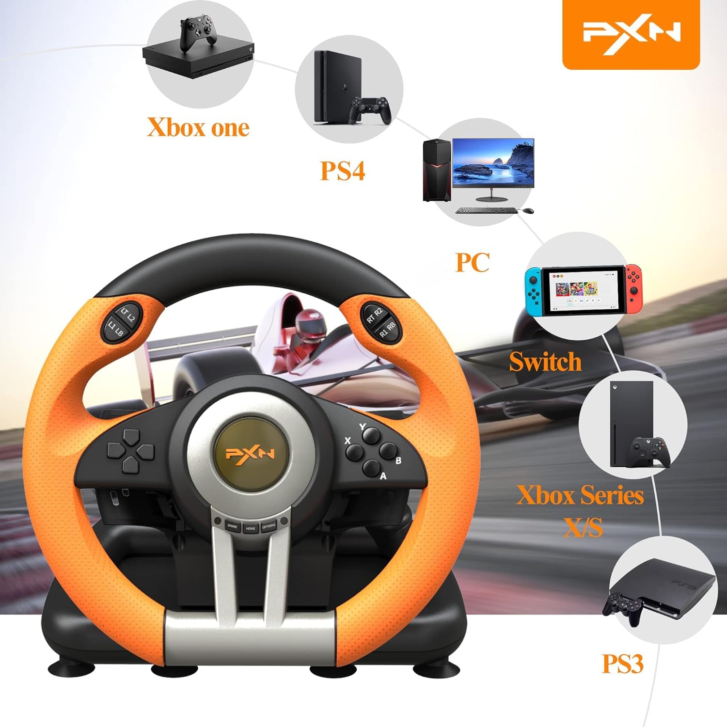 PXN Racing Wheel - Gaming Steering Wheel for PC, V3II 180 Degree Driving Wheel Volante PC Universal Usb Car Racing with Pedal for PS4, PC, PS3,Xbox Series X|S, Xbox One