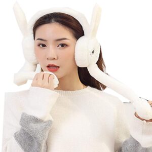 Women's Winter Plush Earwarmer Bunny Earmuffs with Moving Jumping Rabbit Ears Windproof Airbag Ear Bag