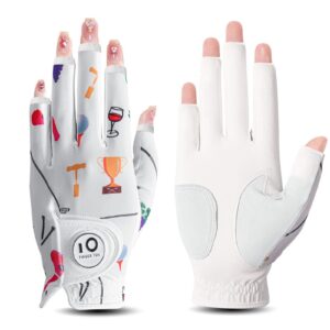 finger ten golf gloves women left right hand leather with ball marker value pack, colored glove for ladies right left handed golfer all weather grip (half-golf party, large, left)