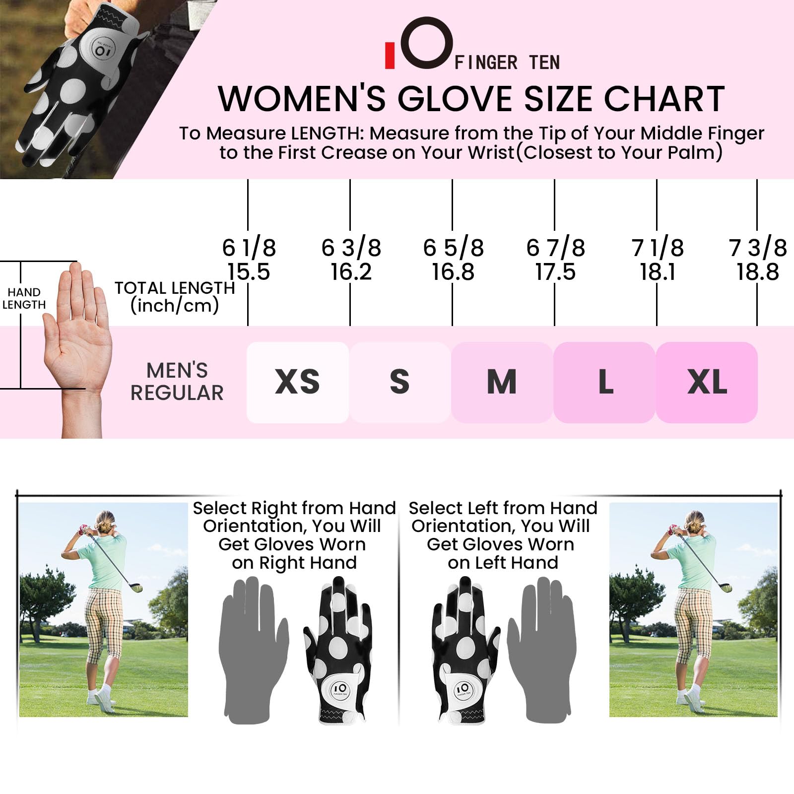 FINGER TEN Golf Gloves Women Left Right Hand Leather with Ball Marker Value Pack, Colored Glove for Ladies Right Left Handed Golfer All Weather Grip (Full-Mod Dot, Medium, Left)