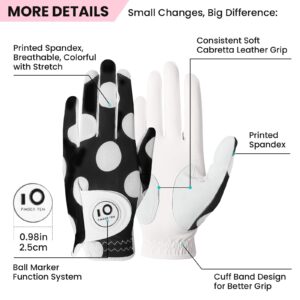 FINGER TEN Golf Gloves Women Left Right Hand Leather with Ball Marker Value Pack, Colored Glove for Ladies Right Left Handed Golfer All Weather Grip (Full-Mod Dot, Medium, Left)