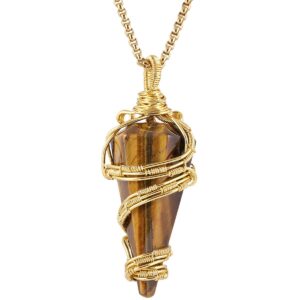 sunyik handmade wire wrapped conical pendant necklace for women men, reiki healing faceted hexagonal crystal point pendant for unisex, tiger's eye