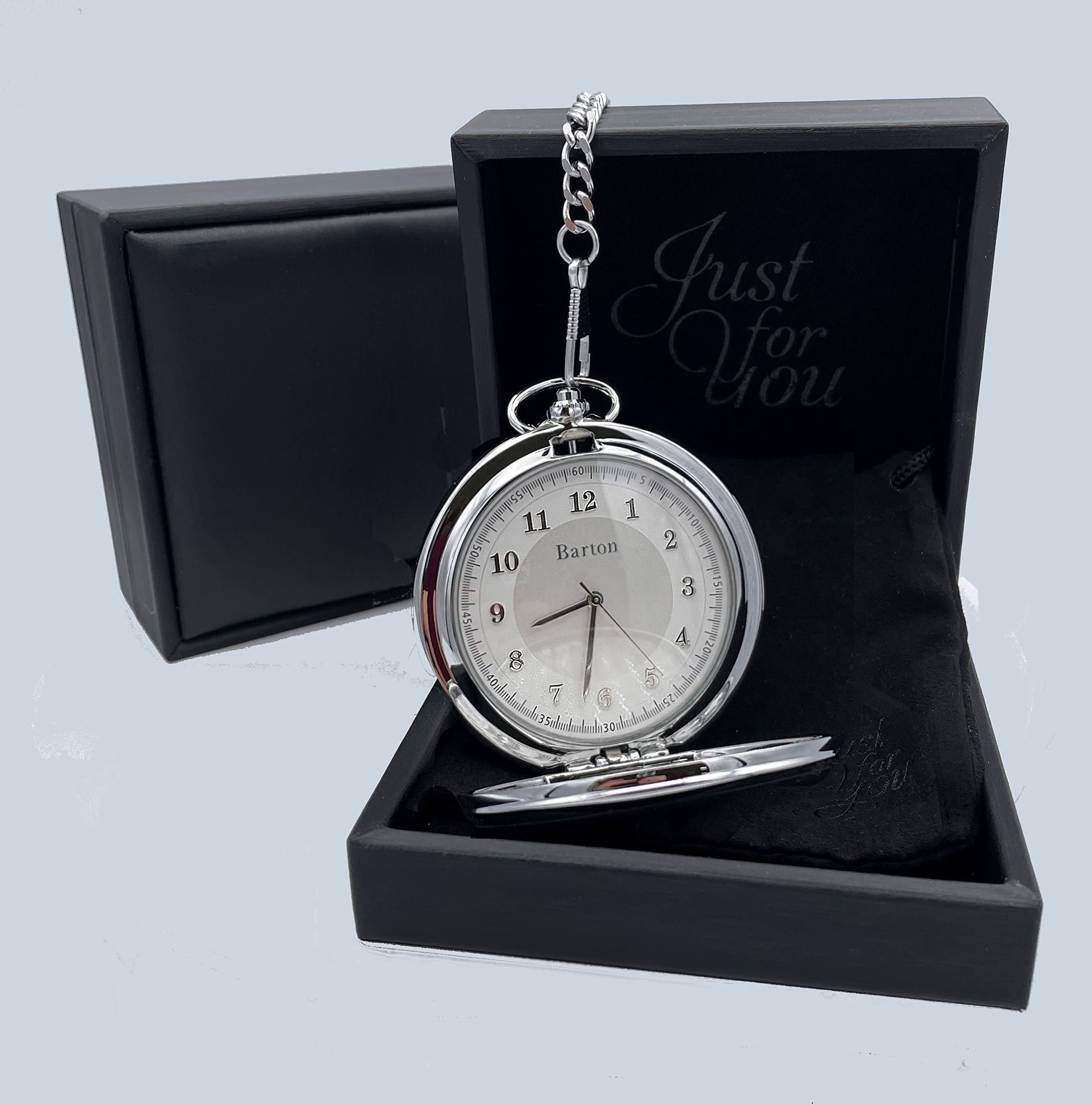 Personalized Stainless Steel Silver Pocket with Glass Cover Watch Custom Engraved Free with Gift Box - Ships from USA