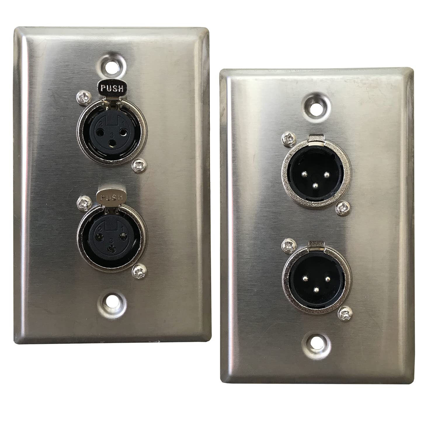 DIYTECH XLR Wall Plate, XLR Plugs and Plates, includes One Dual 3-pin XLR Female Wall Plate and One Dual 3-pin XLR Male Wall Plate, XLR Passthrough - Stainless Steel