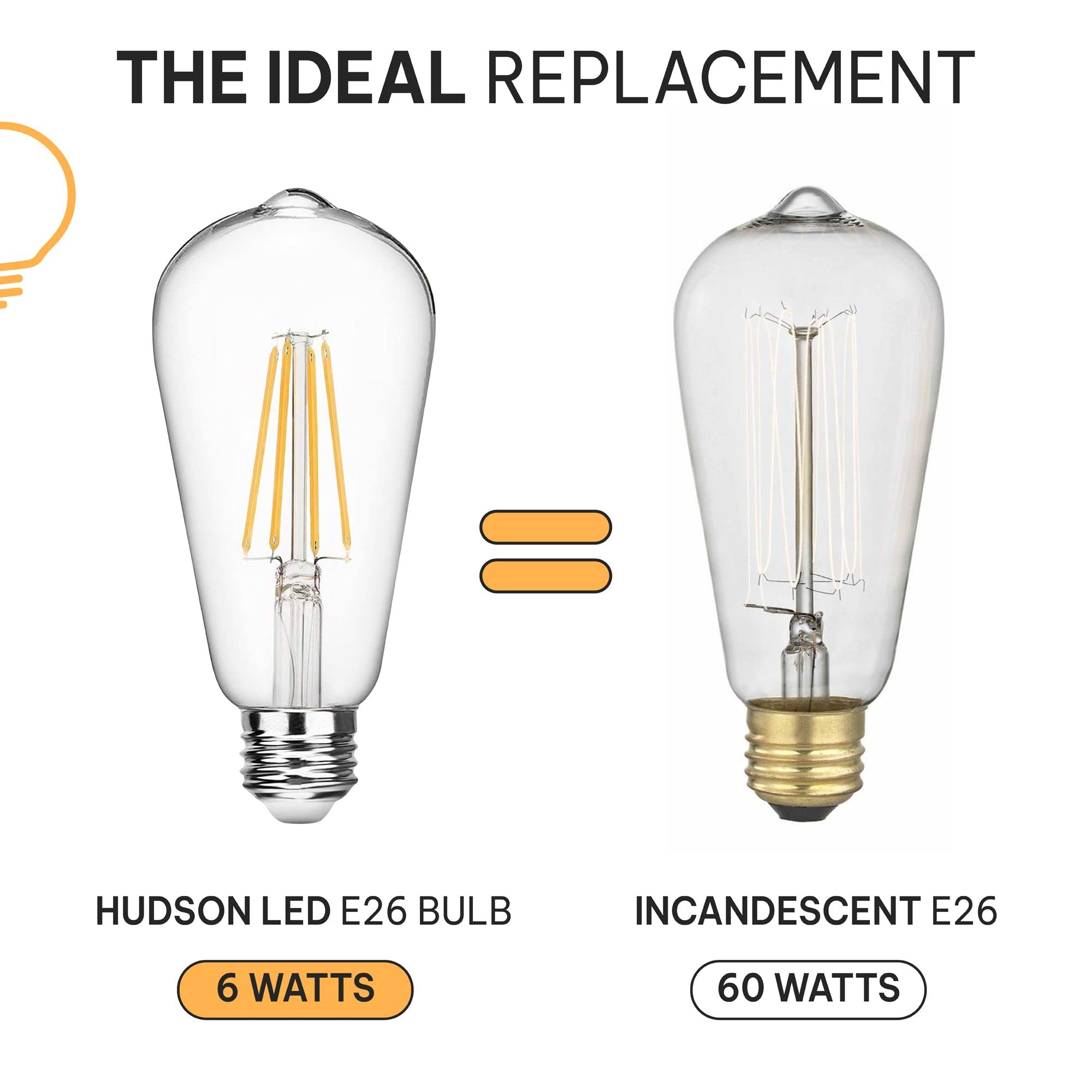 HUDSON BULB CO. Vintage Edison LED Light Bulbs 6W (6 Pack), Soft White, Non-Dimmable, E26/E27 Base, ST58 Style, 60 Watt Equivalent