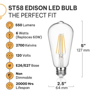 HUDSON BULB CO. Vintage Edison LED Light Bulbs 6W (6 Pack), Soft White, Non-Dimmable, E26/E27 Base, ST58 Style, 60 Watt Equivalent