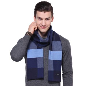 kodod plaid striped wool scarf for men - winter soft thick cashmere knit scarves (a wool blend scarf navy&blue plaid)