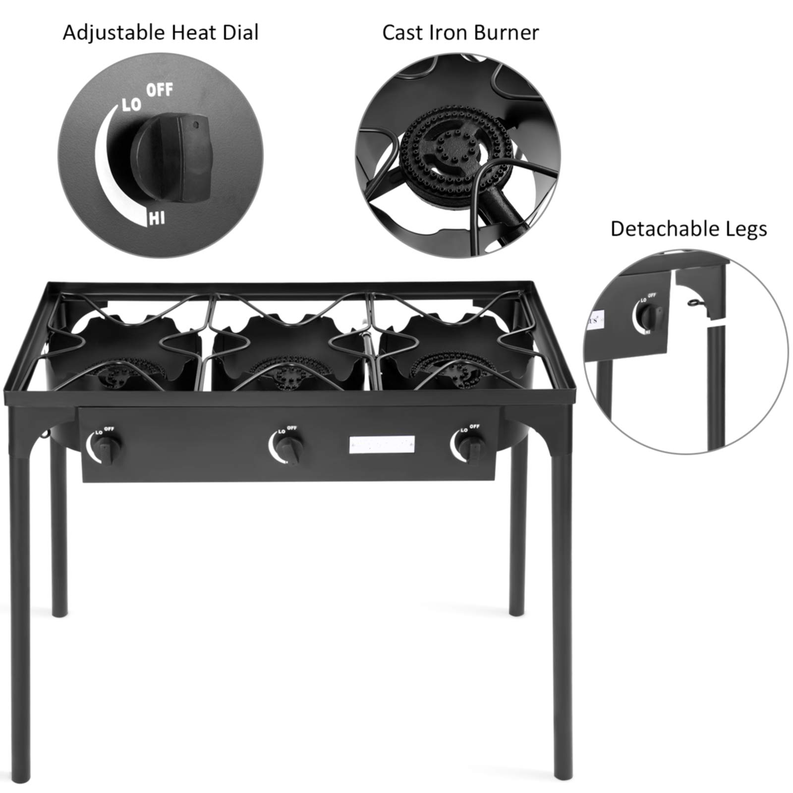 Happygrill Outdoor Camping Stove 3-Burner High Pressure Propane Gas Camp Stove with Detachable Legs