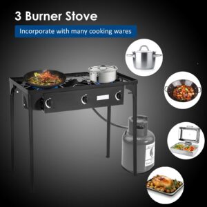 Happygrill Outdoor Camping Stove 3-Burner High Pressure Propane Gas Camp Stove with Detachable Legs