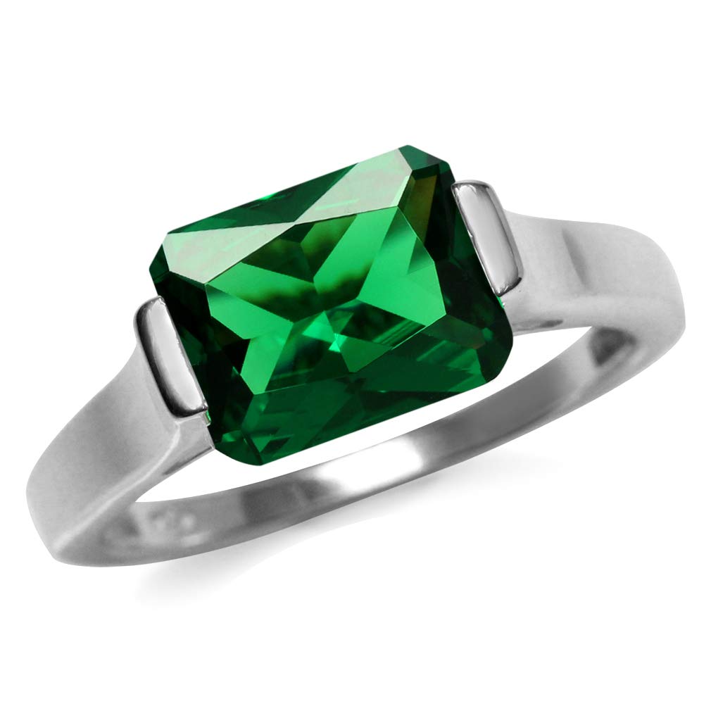 Silvershake 2.6ct. 10x8MM Octagon Green Nano Emerald 925 Sterling Silver East-West Solitaire Ring Size 7