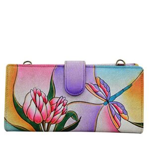 anna by anuschka women's hand-painted genuine leather bi-fold wallet with strap - dragonfly glass painting