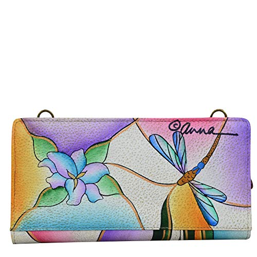 Anna by Anuschka Women's Hand-Painted Genuine Leather Bi-Fold Wallet With Strap - Dragonfly Glass Painting