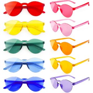 sunovelties 10 pack round one piece rimless tinted sunglasses, trendy transparent glasses for teens adults, candy color