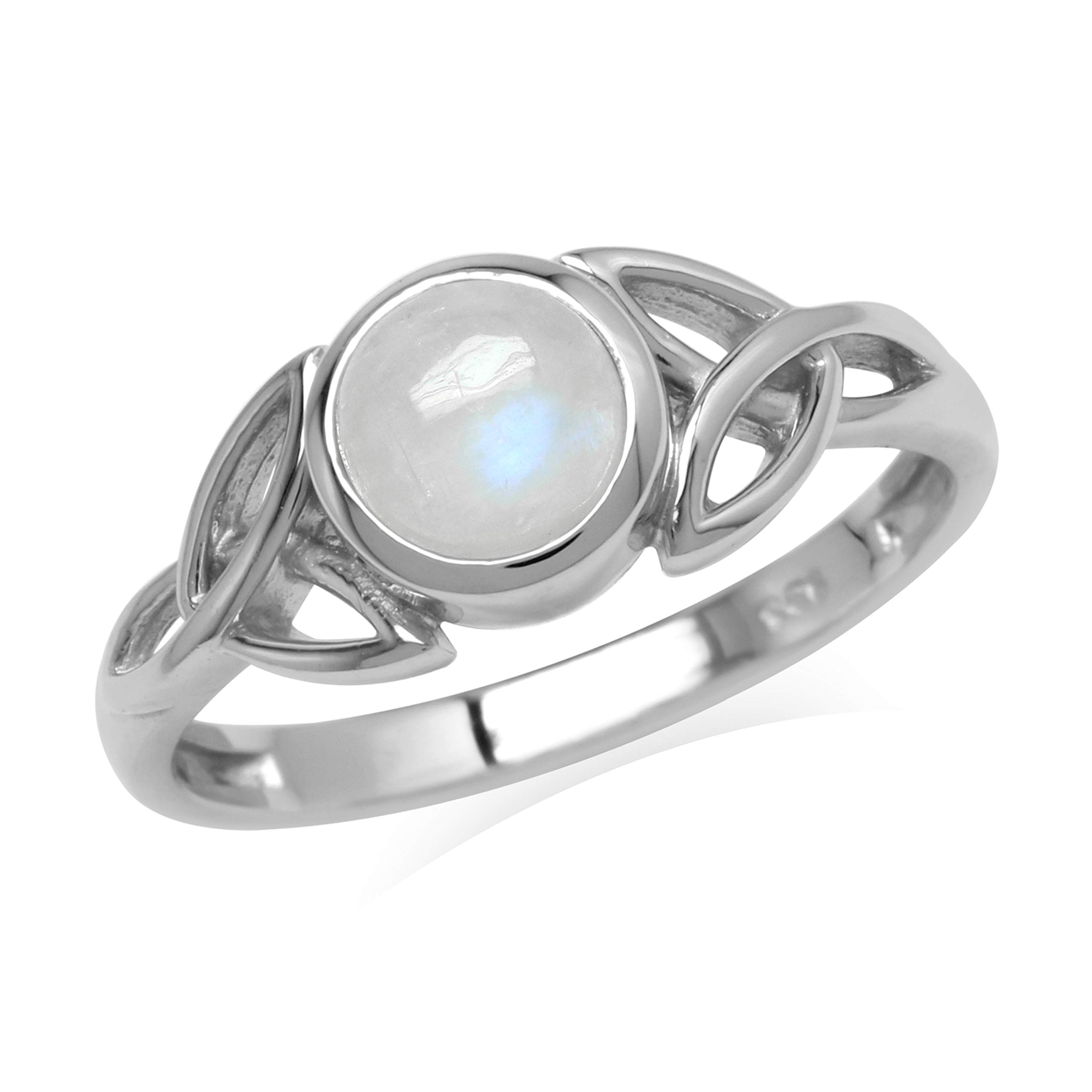 Silvershake Natural 6 mm Round Rainbow Moonstone 925 Sterling Silver Triquetra Celtic Knot Ring Size 7