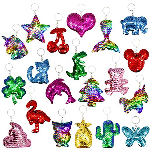 TTSAM 20 Pieces Reversible Mermaid Sequin Keychain Glitter Flip Sequin Keychains Animal Shape Sequin Key Chains Valentine's Day Gift Party Events Gift Birthday Party Supplies (20 Styles)