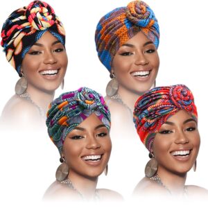 satinior 4 pieces african pattern headwrap pre-tied bonnet turban knot beanie (flower) multicoloured