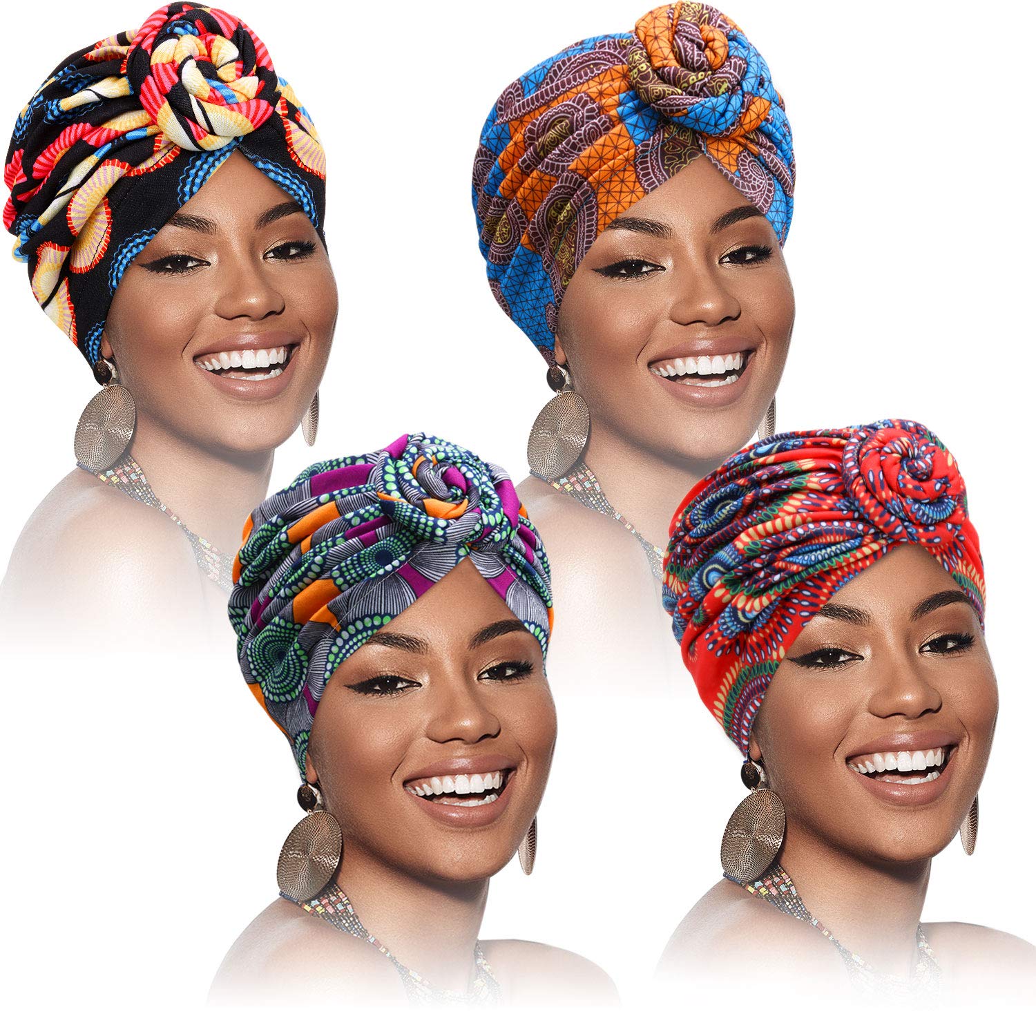 SATINIOR 4 Pieces African Pattern Headwrap Pre-Tied Bonnet Turban Knot Beanie (Flower) Multicoloured