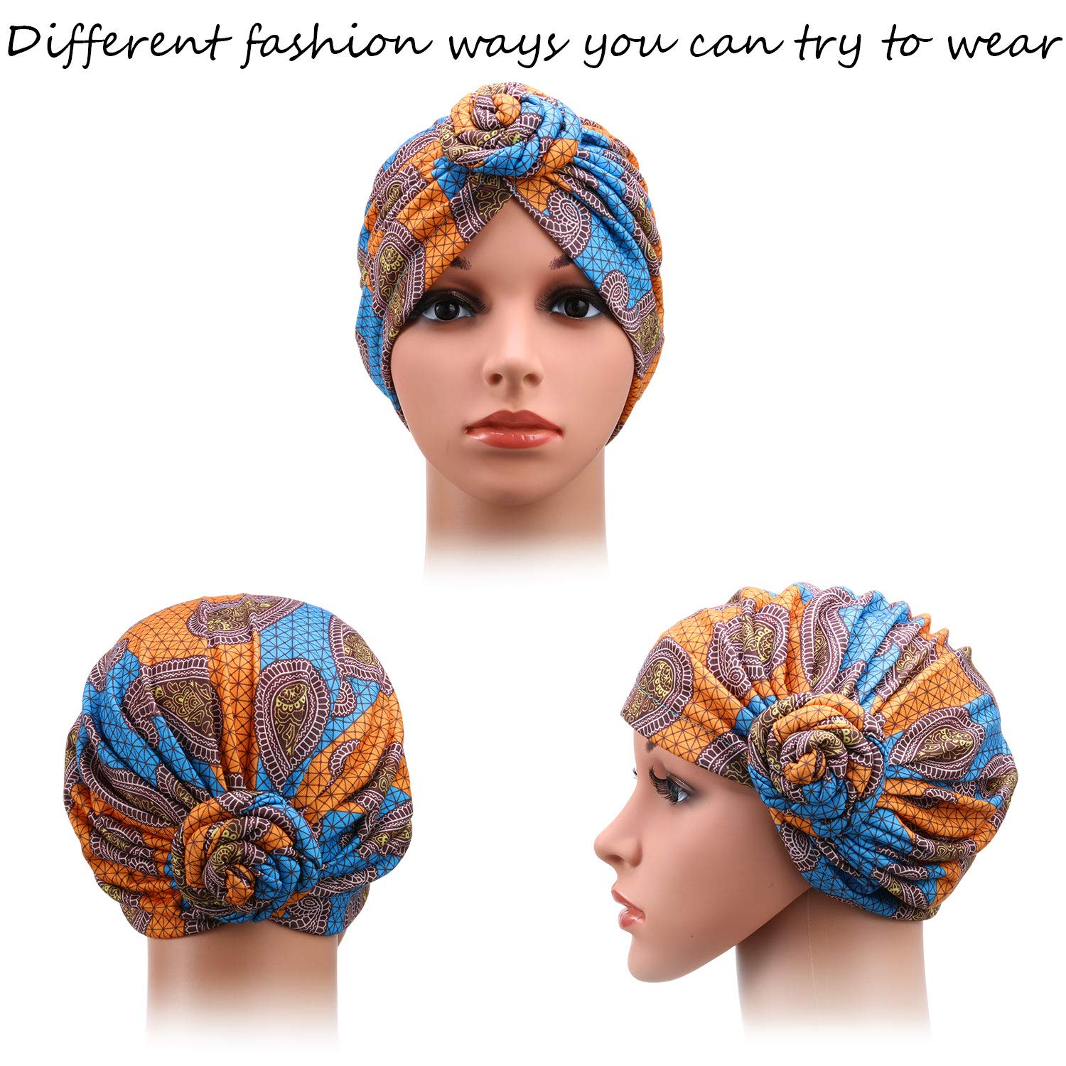 SATINIOR 4 Pieces African Pattern Headwrap Pre-Tied Bonnet Turban Knot Beanie (Flower) Multicoloured