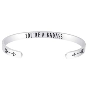 fesciory inspirational bracelets for women,stainless steel engraved personalized positive mantra quote keep going cuff bangle college graduation encouragement gifts for her (you're a badass)