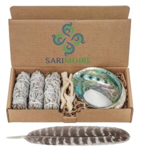 sage smudge kit - white sage smudge sticks - 4in ~ abalone shell 5-6in ~ 2in tripod stand ~ 9-12in feather and white sand