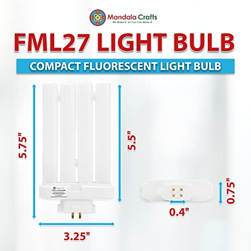 Mandala Crafts FML27 27-Watt 6500K Compact Fluorescent Light Bulbs with Quad Tubes, 4-Pin GX10q-4 Base FML 27, 2 Pack FML Lamp 27 Watt Bulbs (CFL)