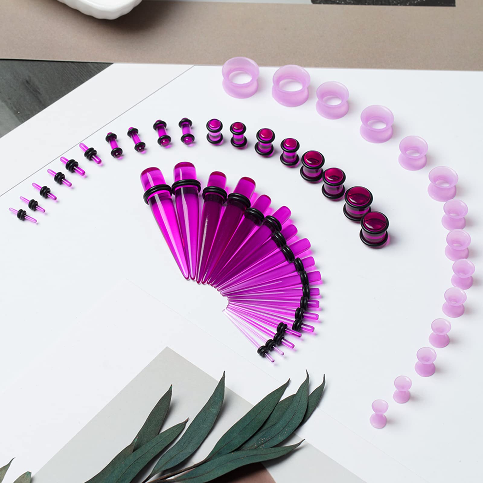 CABBE KALLO 50 Pcs 14G-00G Ear Stretching Kits Acrylic Tapers Plugs & Silicone Tunnels Gauges Expander Set Body Piercing Jewelry, Purple