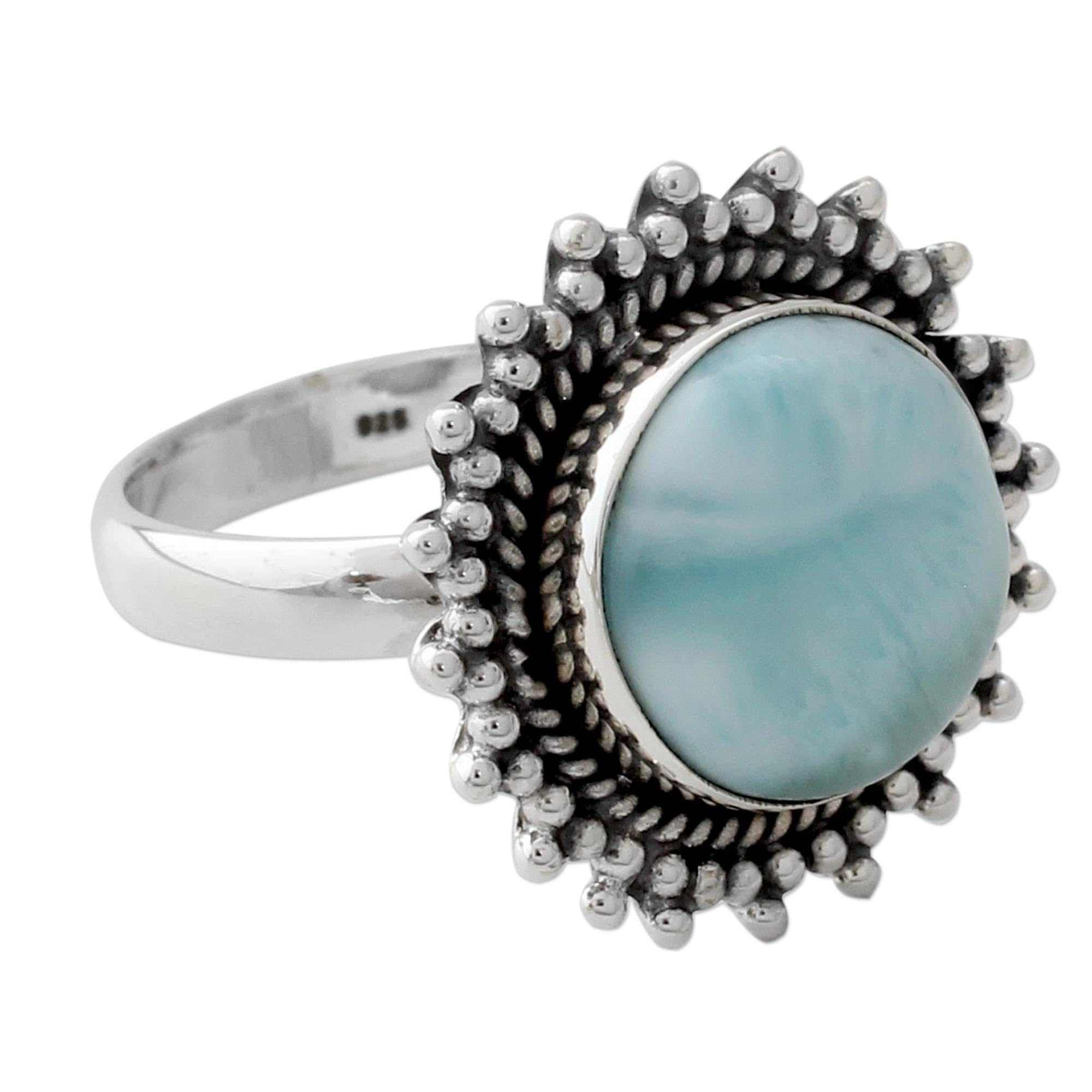 NOVICA Artisan Handmade Larimar Cocktail Ring Classic Sterling Silver Bezel Blue Single Stone India Airy [crownbezel 0.8 in L x 0.8 in W x 0.2 in H Band Width 3 mm W] ' Sea and Sky'