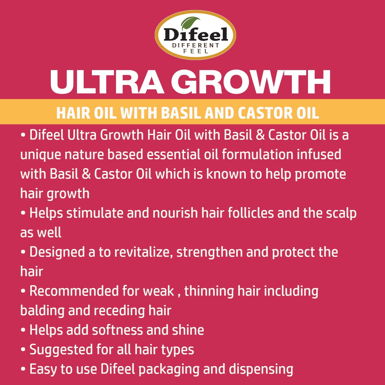 Difeel Ultra Hair Growth Oil Infused with Basil and Castor Oil 2.5 ounce (2-PACK)