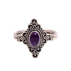 novica artisan handcrafted amethyst cocktail ring from bali sterling silver indonesia birthstone geometric [crownbezel 0.2 in h x 0.7 in w x 0.5 in d band width 3 mm w] ' daydream temple'