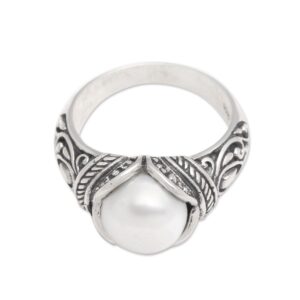 novica artisan handmade cultured pearl cocktail ring balinese sterling silver women's white single stone indonesia birthstone [ring front 0.4 in l x 0.4 in w x 0.4 in h band width 3 mm w] ' luminous