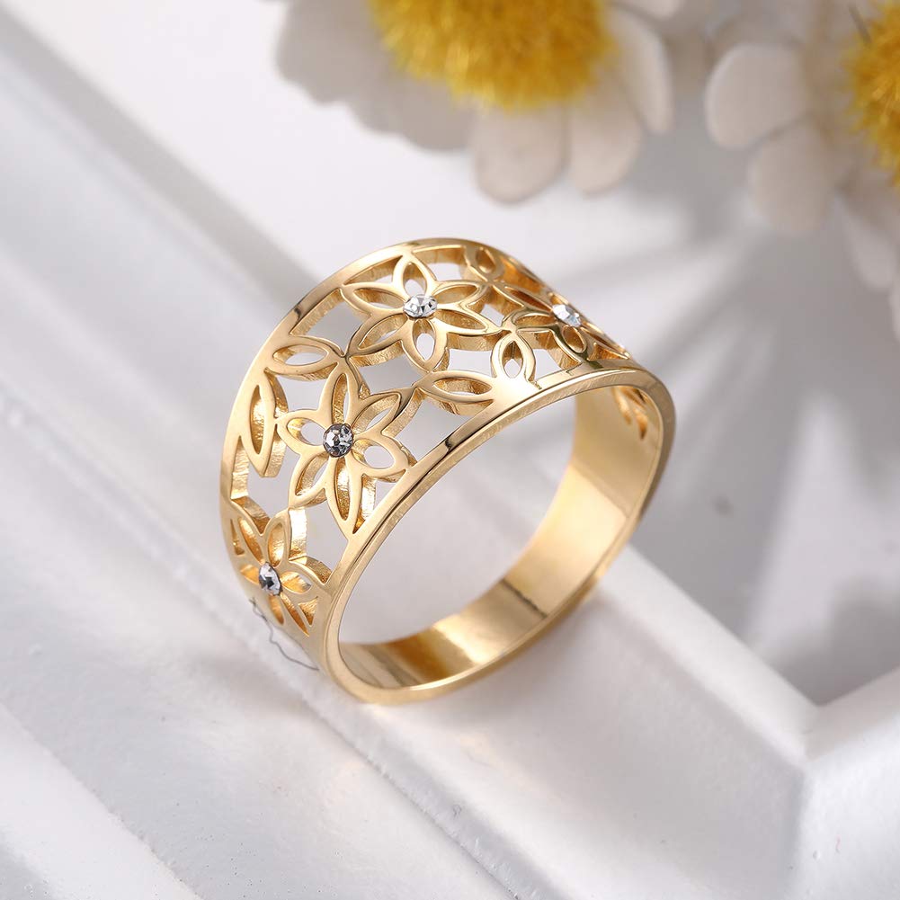 LIKGREAT Flower of Life Rings Shiny Rhinestone Flower Ring Wide Eternity Band Ring for Women (gold, 7)