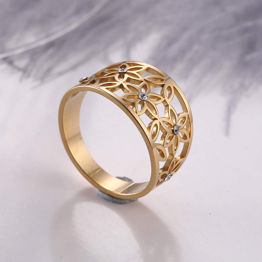 LIKGREAT Flower of Life Rings Shiny Rhinestone Flower Ring Wide Eternity Band Ring for Women (gold, 7)