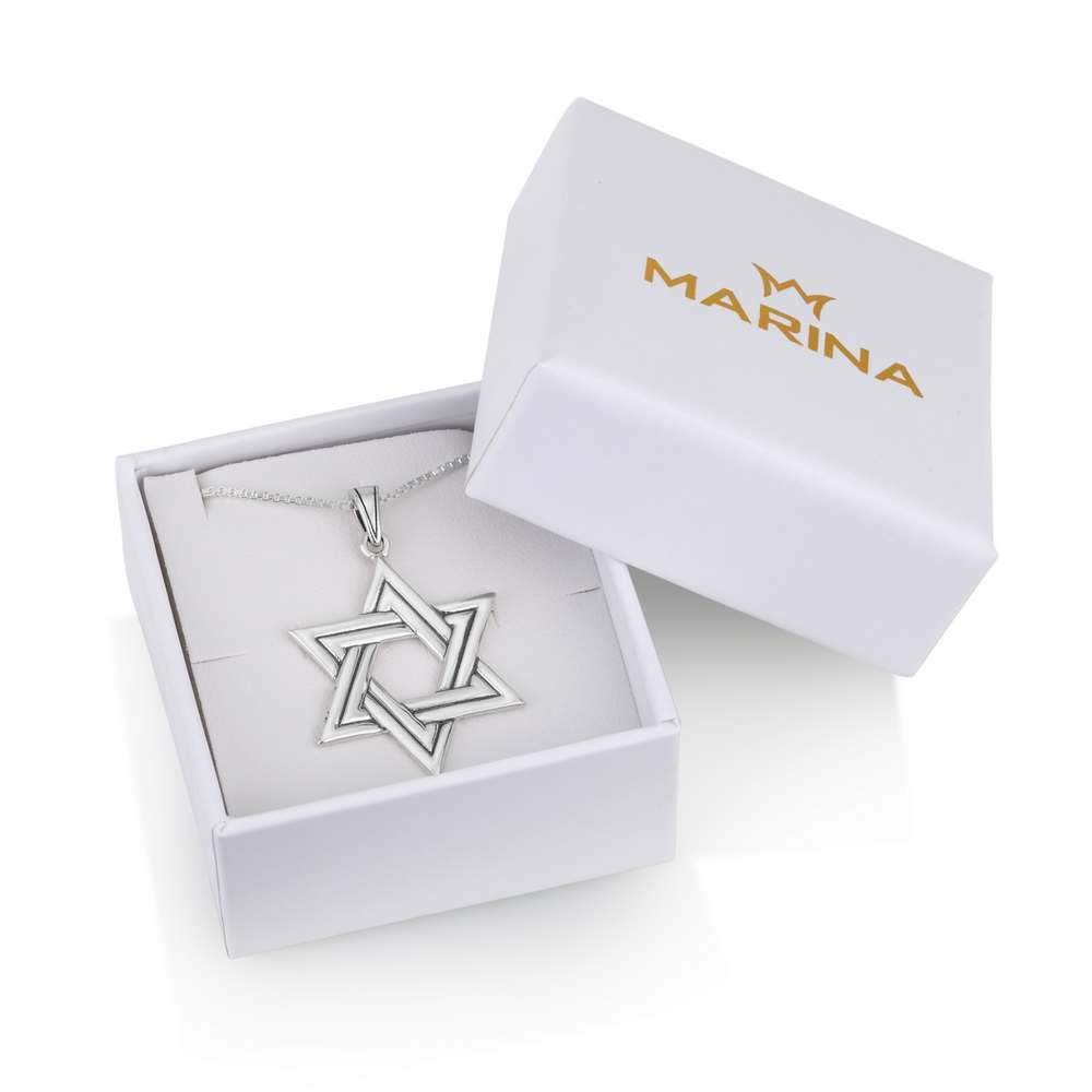 Marina Meiri Classic Mens 925 Sterling Silver Chain Necklace with Large Star Of David Jewish Pendant Charm, 24 Inch Box Chain Necklace - Estrella de David - Ancient Religious Judaica Amulet