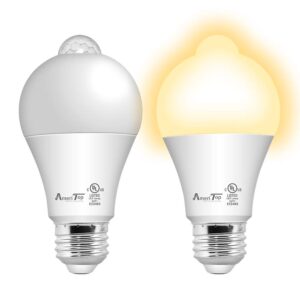 ameritop motion sensor light bulb- 2 pack, 10w(60w equivalent) 806lm motion activated dusk to dawn security led bulb; ul listed, a19, e26, auto on/off indoor outdoor lighting (2700k soft white)