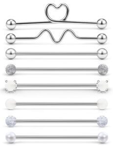 dyknasz glow in the dark industrial barbell 16g surgical steel industrial piercing jewelry for women men cartilage earring helix rings 1 1/2 inch 38mm silver-tone, 8 pieces