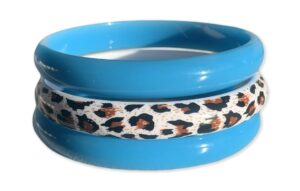 3 pack bangles w/cheetah print 80s style bracelets (neon blue)